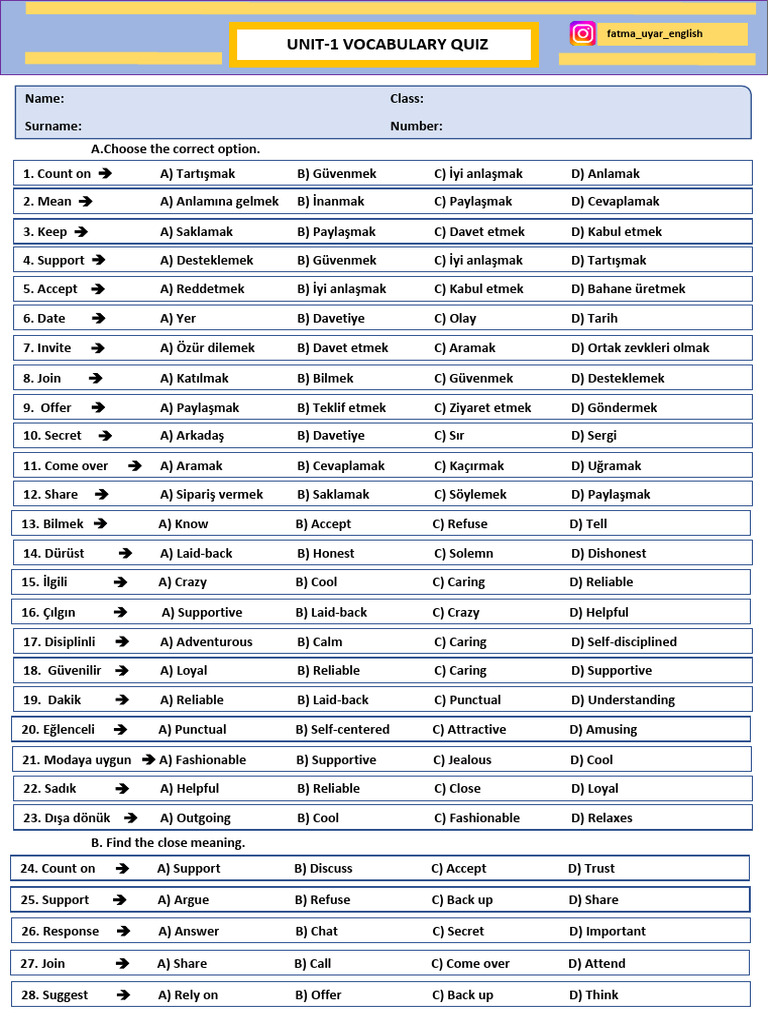 Unit-1 Word Quiz by Fatma Uyar | PDF