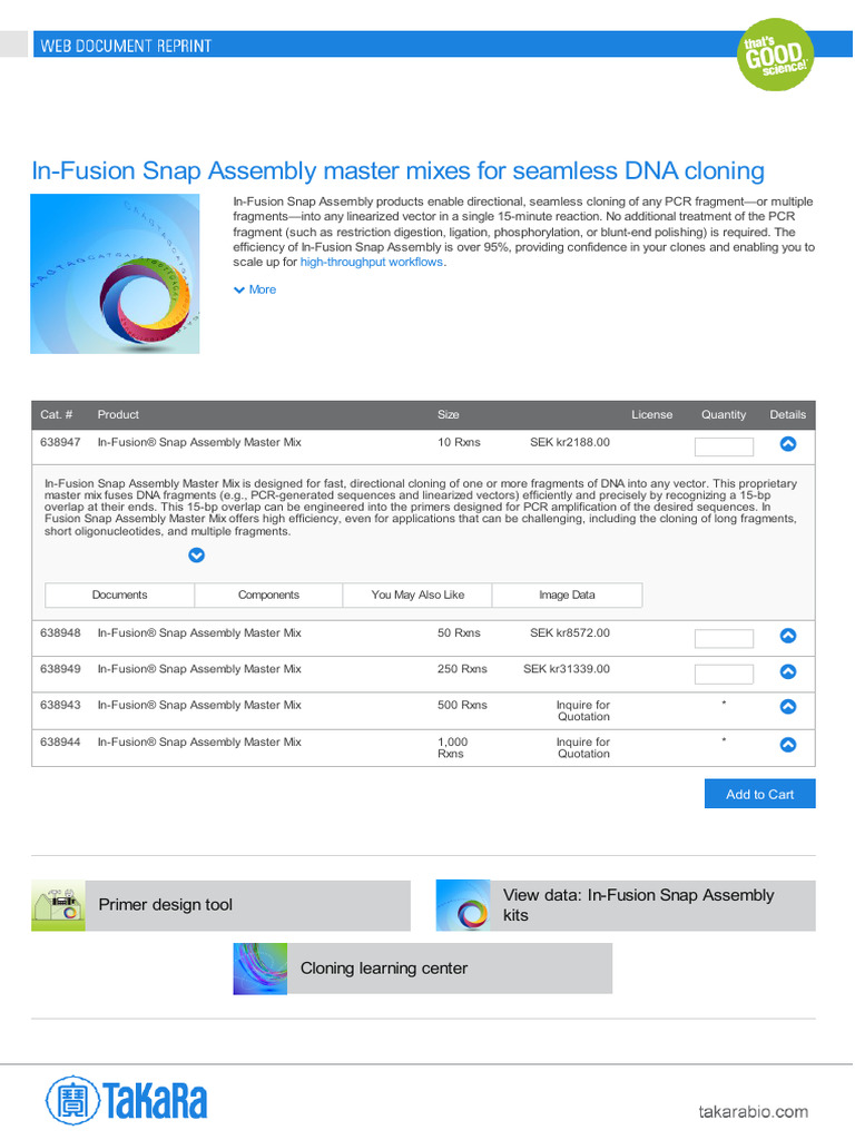 In-Fusion Snap Assembly Master Mixes For Seamless DNA Cloning | PDF