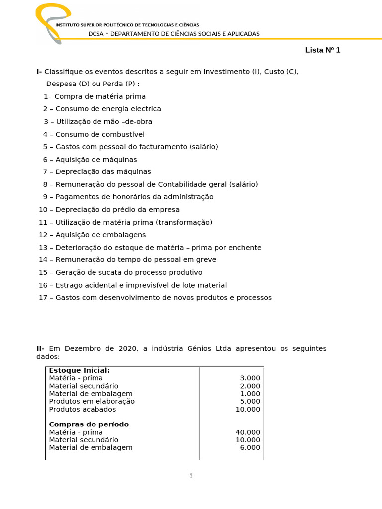 Contabilidade de Custos Lista Nâº 1 | PDF