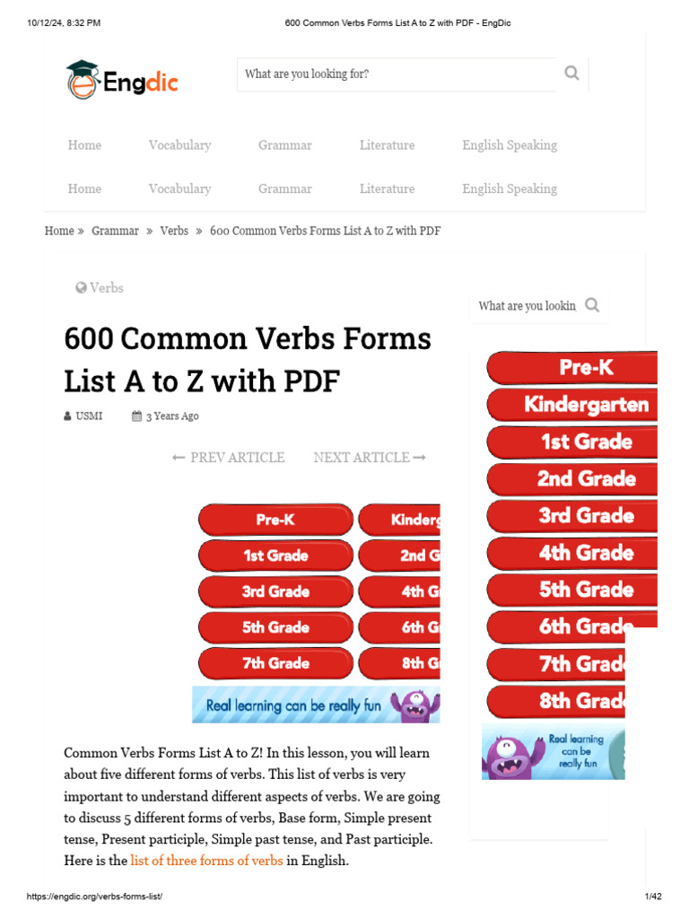 600 Common Verbs Forms List A To Z With PDF - EngDic | PDF