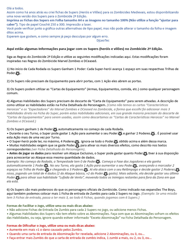 Zombicide Segunda e Zombicide 2 Ed Supers Regra 275083 | PDF
