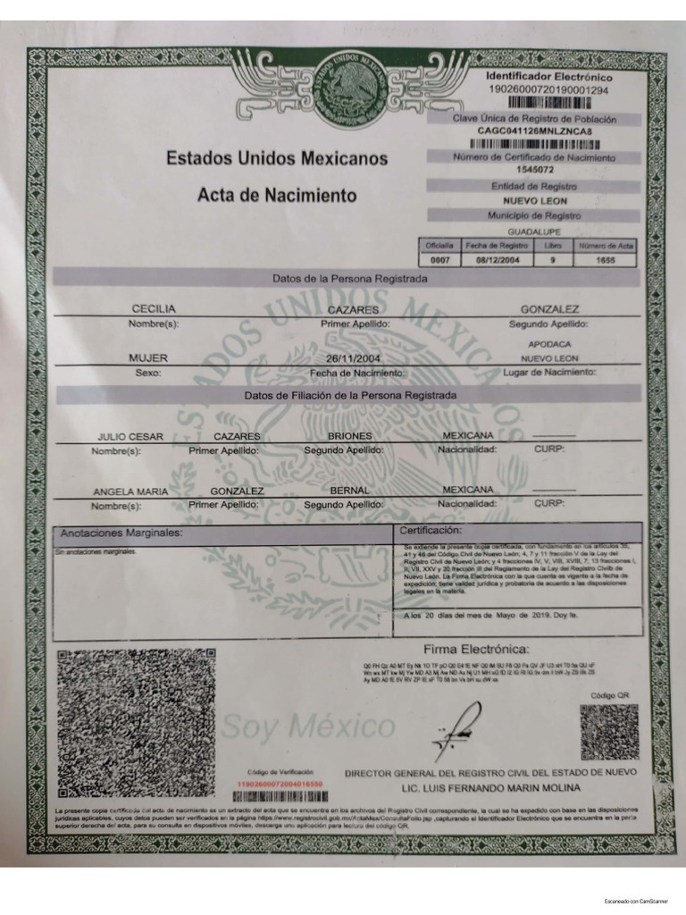 Acta de Nacimiento Actualizada | PDF