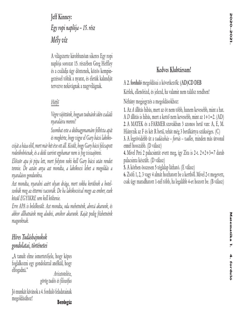 Bendegúz Matematika 1. 4. Forduló 2020-2021 | PDF