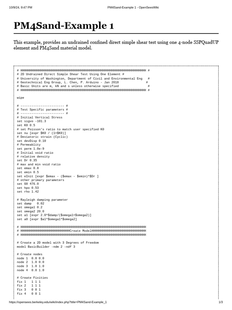 PM4Sand-Example 1 - OpenSeesWiki | PDF