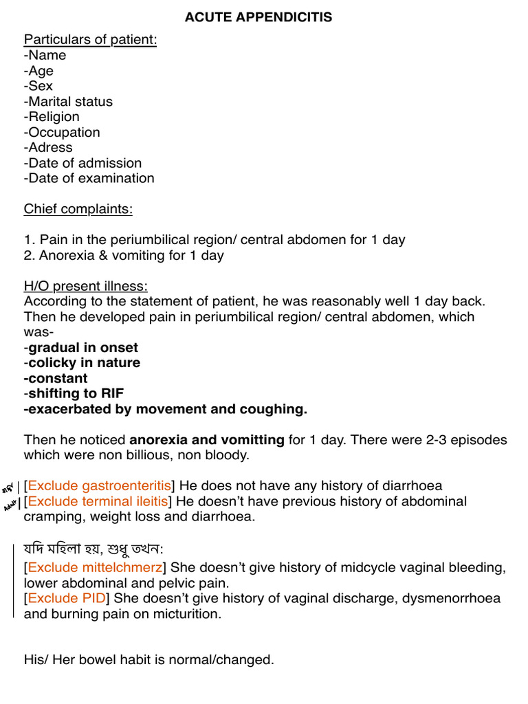 Long Case On Acute Appendicitis | PDF