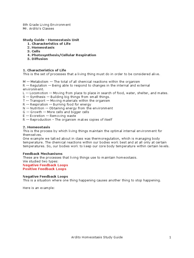 Homeostasis Study Guide for 8th Grade | PDF | Cytoplasm | Cell (Biology)