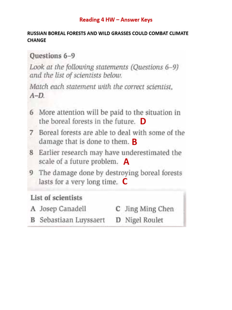 Reading 4 HW - Answer Keys | PDF