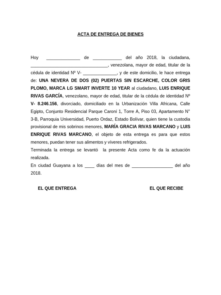 Acta de Entrega de Bienes | PDF