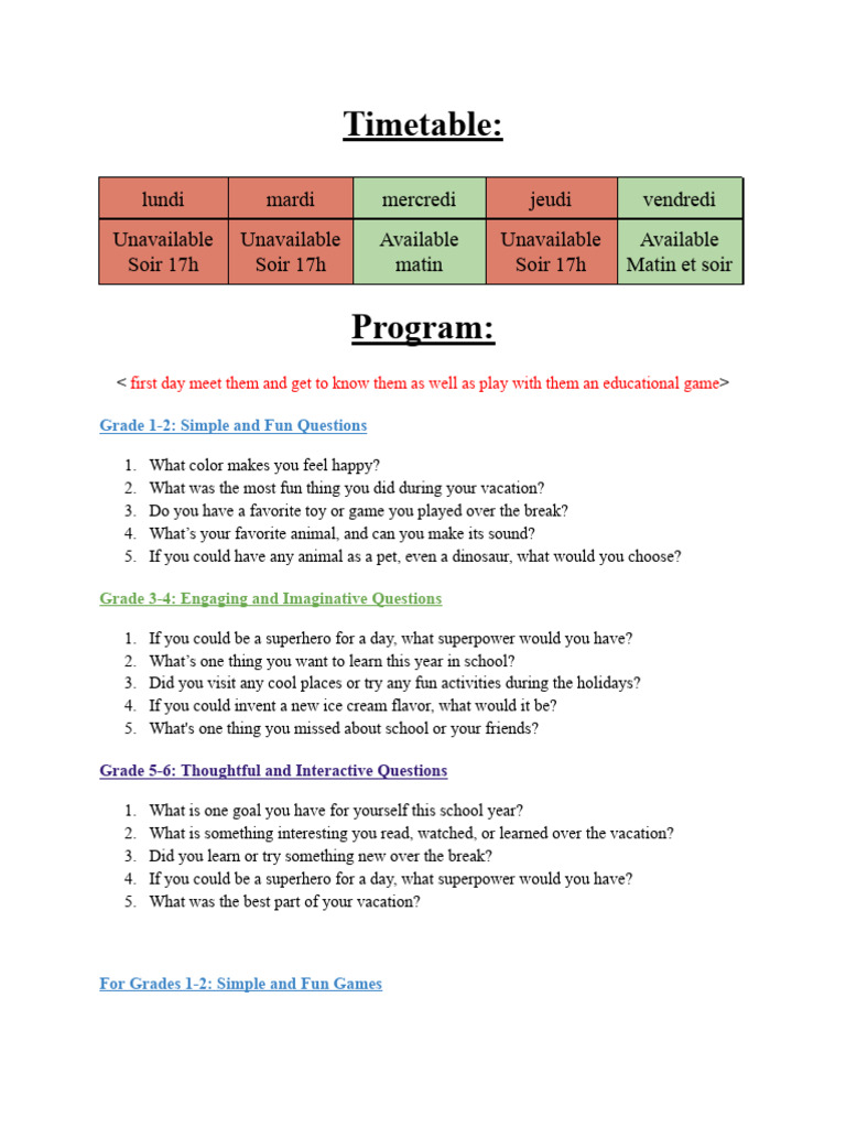 Program and Timetable For La Croisière School | PDF
