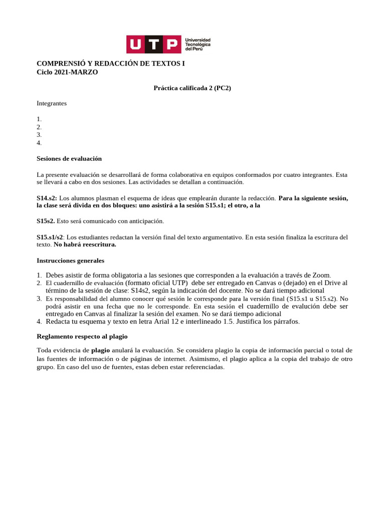 S14.s2 y S15 Práctica Calificada 2 (Formato Oficial UTP) 2021-Marzo | PDF | Enseñando | Puntuación