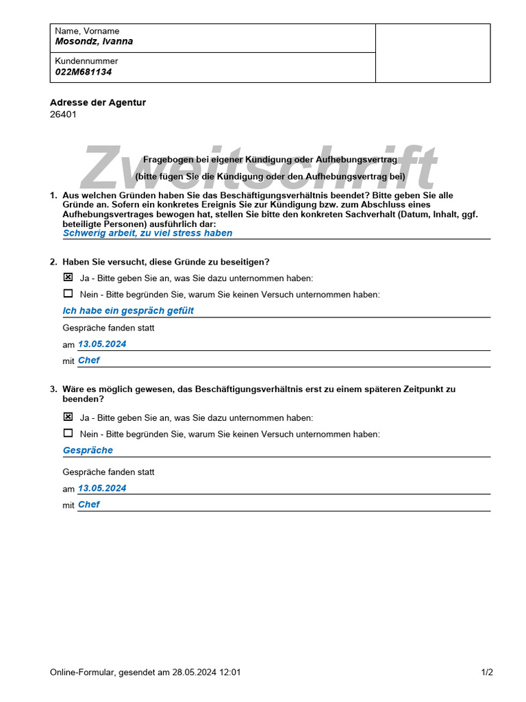 Eigene Kuendigung Zweitschrift | PDF