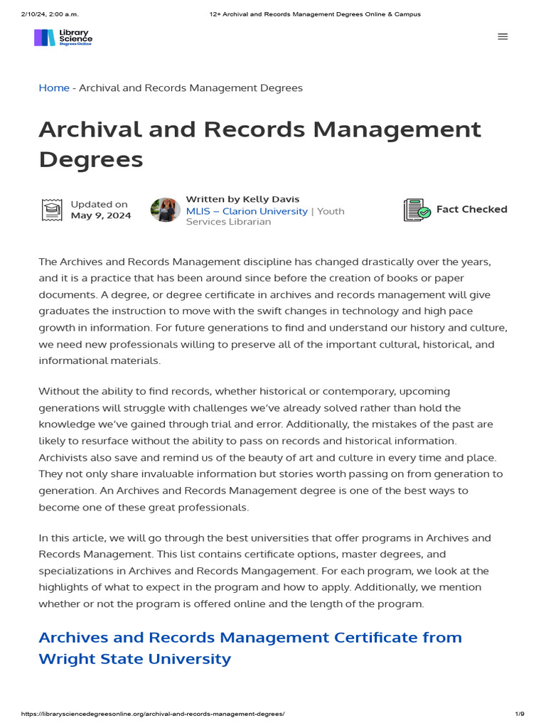 Archival and Records Management Degrees Online & Campus | PDF
