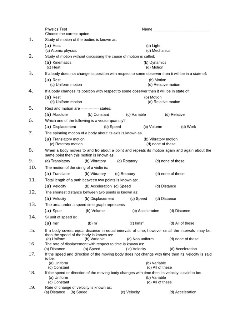 Physics Test 40 mcqs Name | PDF