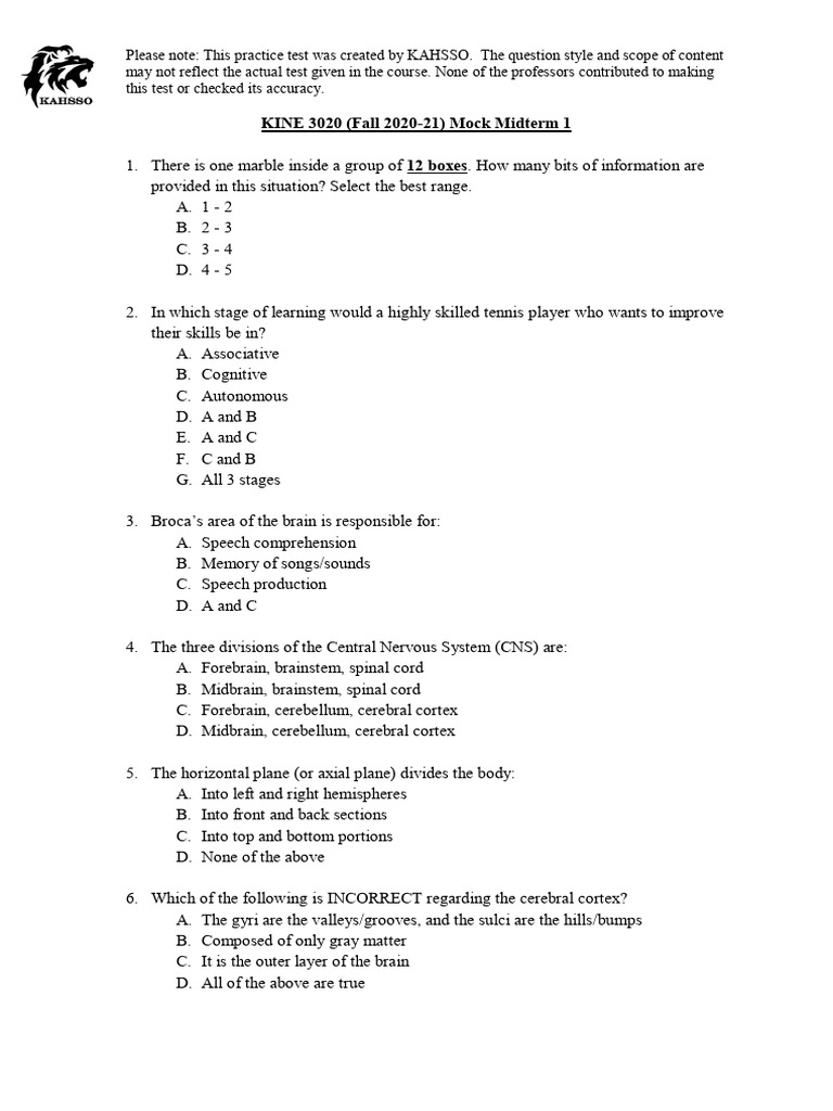 Kine 3020 Mock Midterm 1 - Questions | PDF