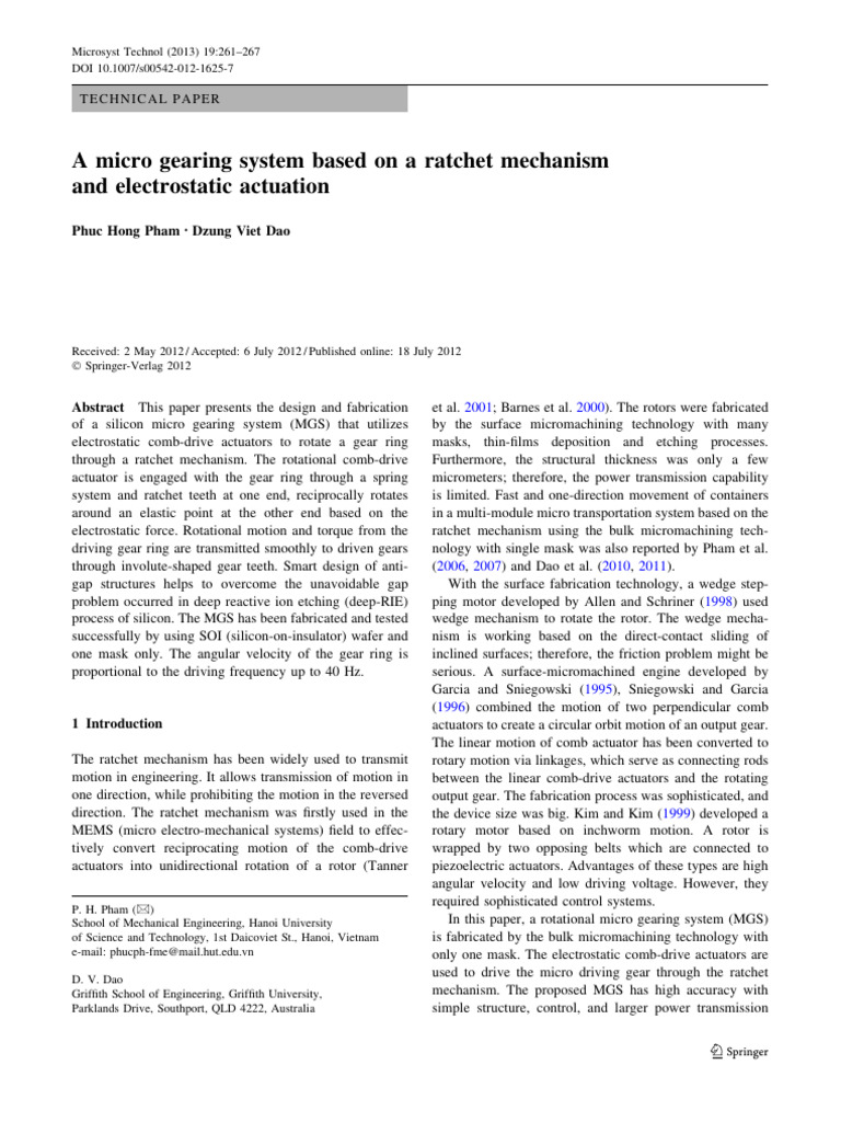 A Micro Gearing System Based On A Ratchet Mechanismn | PDF