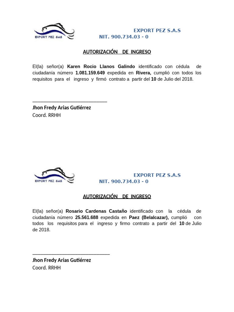 AUTORIZACION DE INGRESO | PDF
