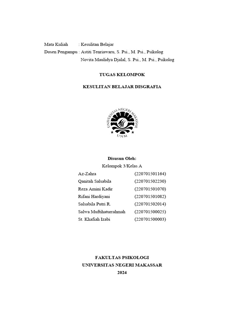 Kelompok 3 (Paper-Kesulitan Belajar Disgrafia) | PDF