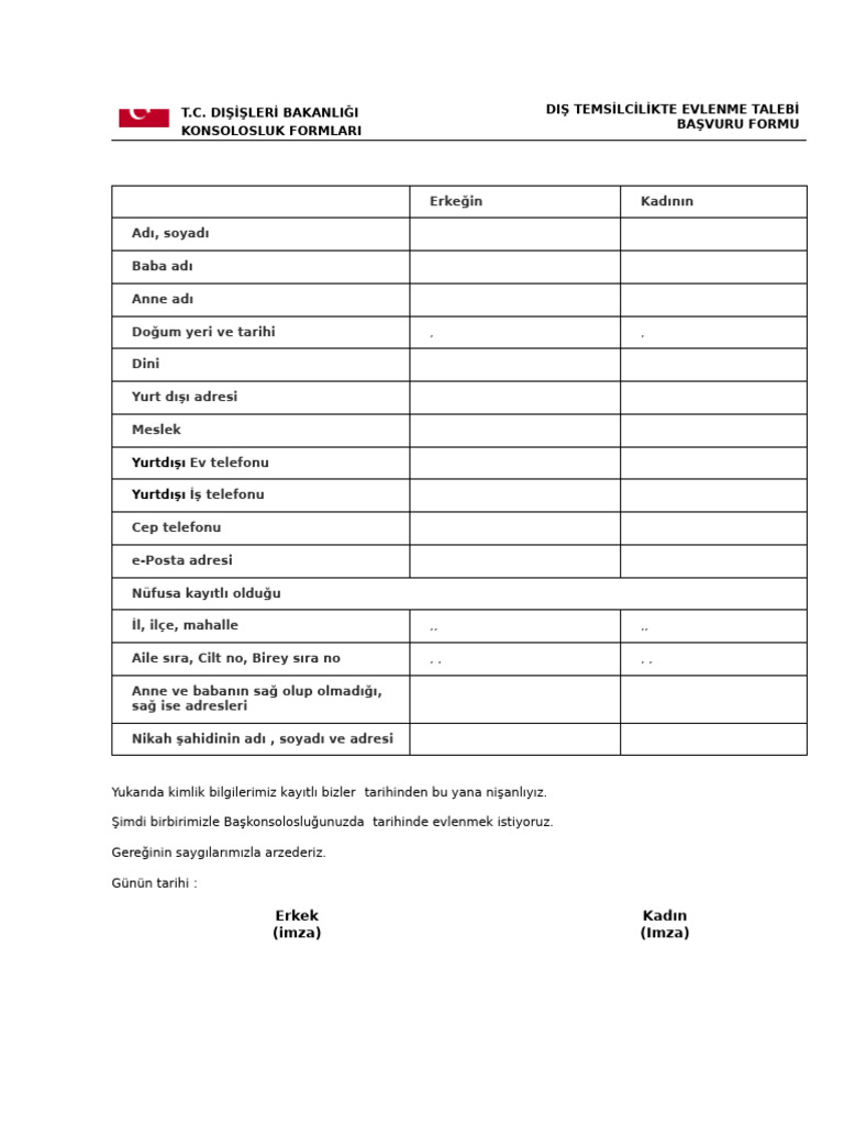 Dış Temsilcilikte Evlenme Talep Formu | PDF