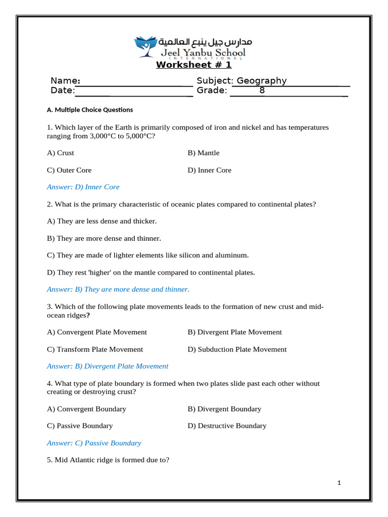 Solution Geography 8 Worksheet 1ans - 2024-25 | PDF