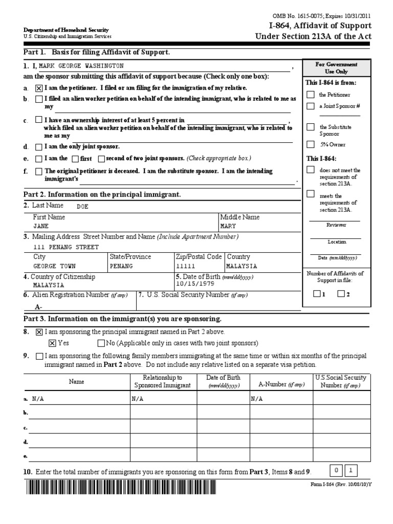 Sample Form I 864 Affidavit Of Support Permanent Residence United
