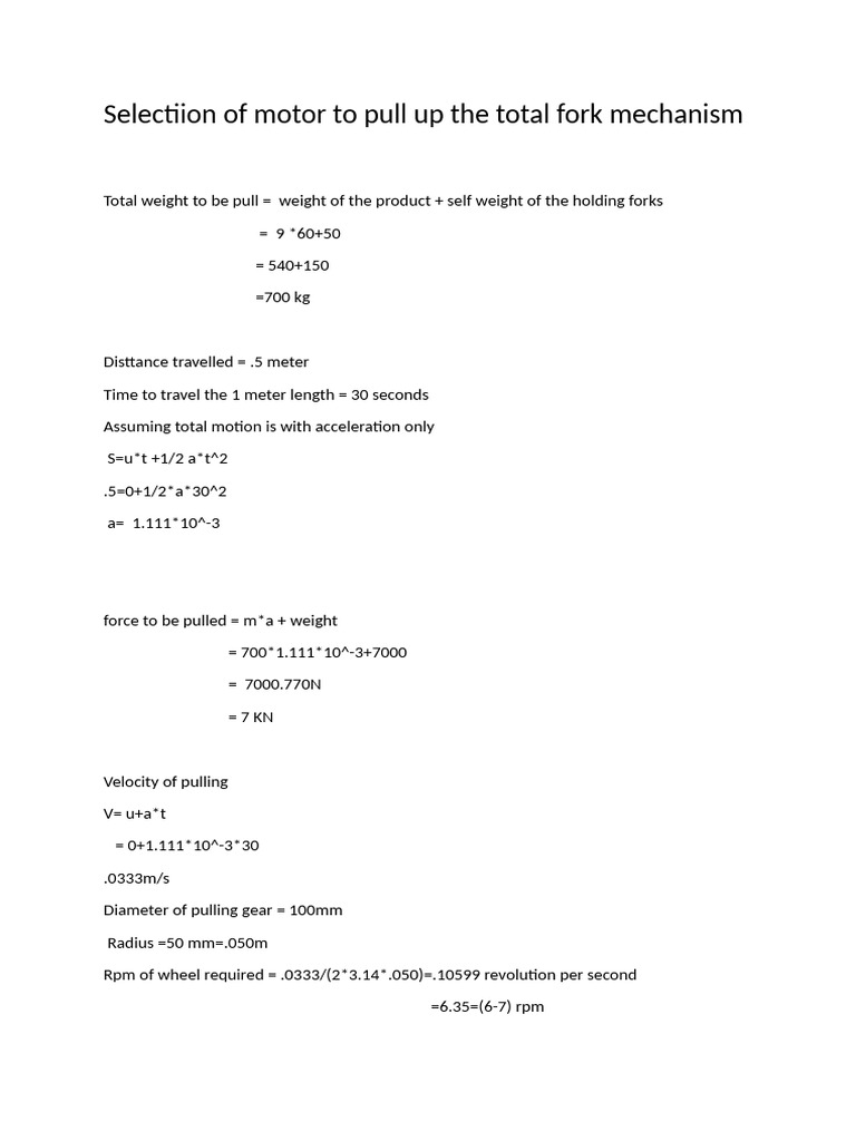 Selectiion of Motor to Pull Up the Total Fork | PDF