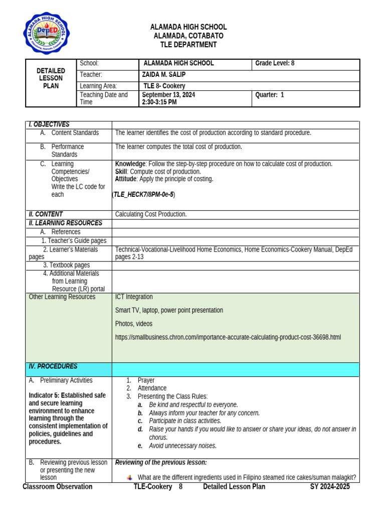 Cot 1 Cookery 2024 2025 Pdf Learning Lesson Plan
