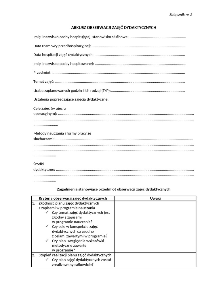 Arkusz Obserwacji KS | PDF