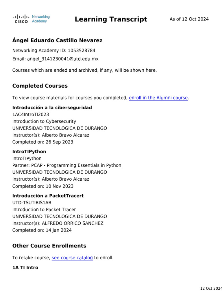 NetAcad Learning Transcript | PDF