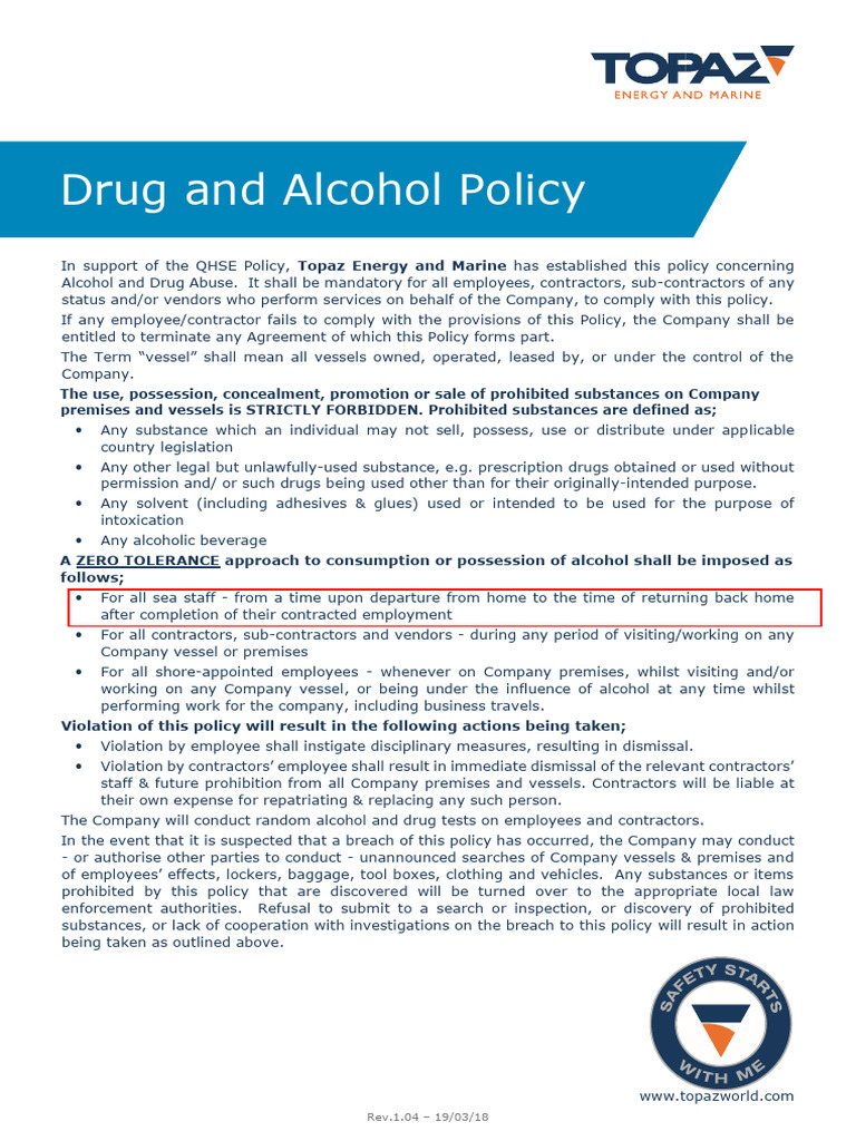 TEAM Drug & Alcohol Policy Rev 1.04 | PDF