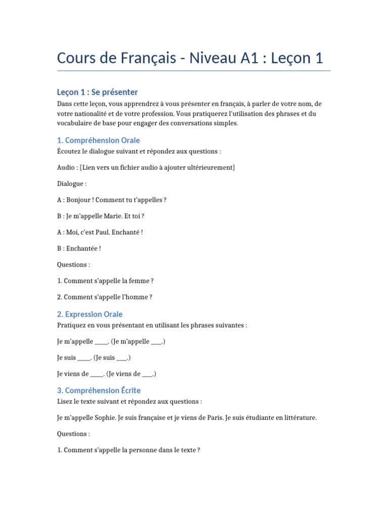 Cours Francais Niveau A1 Lecon 1 | PDF