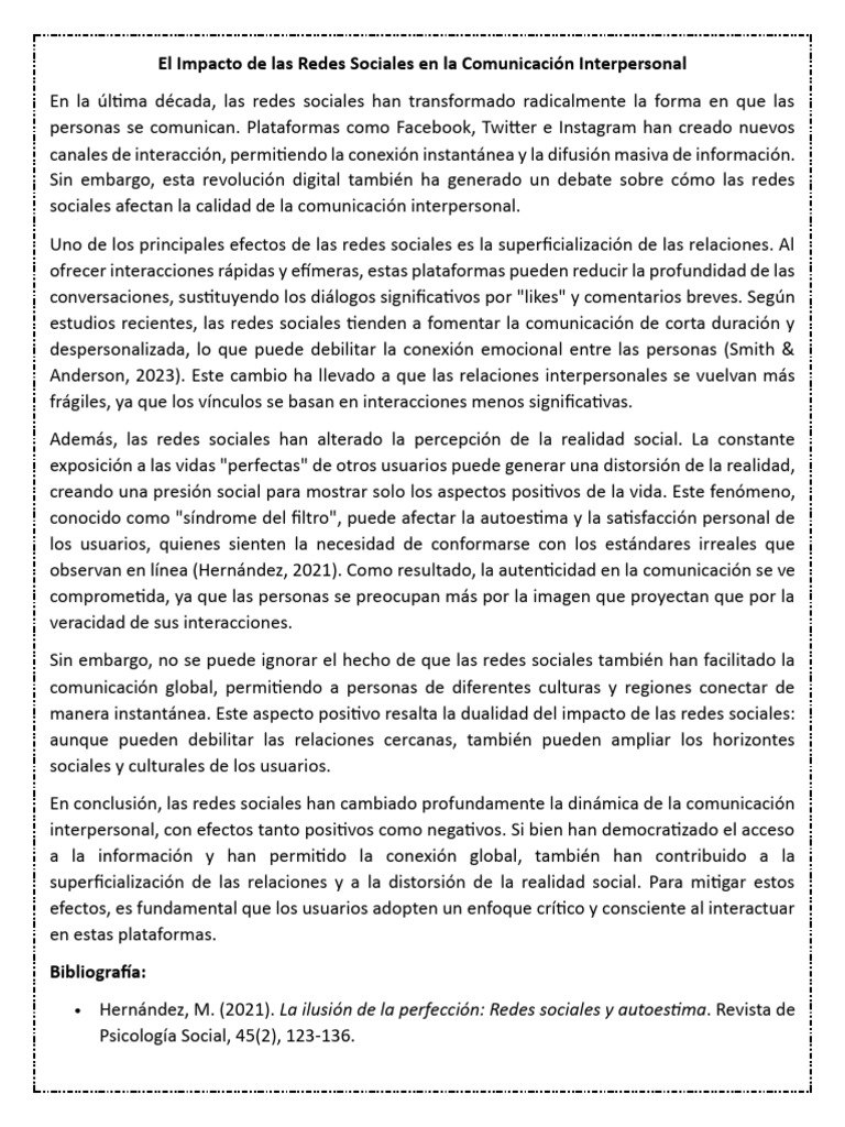 El Impacto de Las Redes Sociales en La Comunicación Interpersonal | PDF