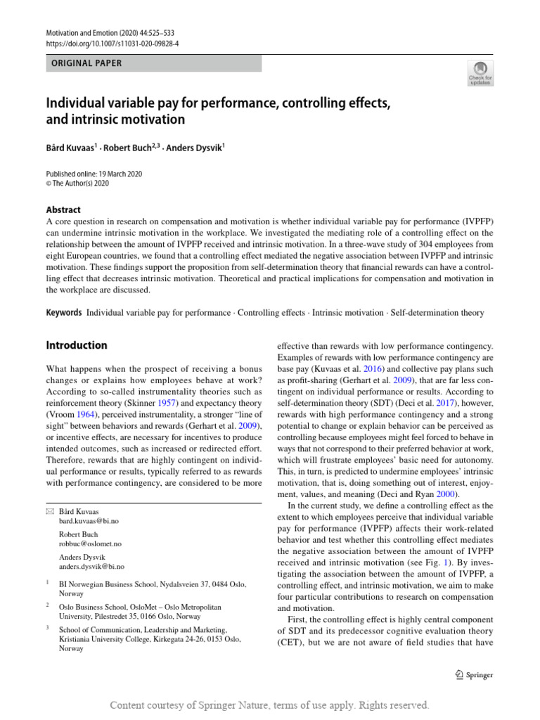 Individual Variable Pay For Performance Controllin | PDF