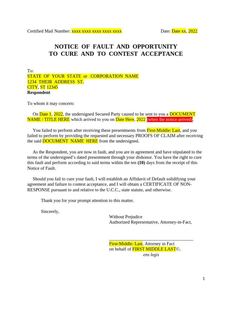 Notice of Fault Template | PDF