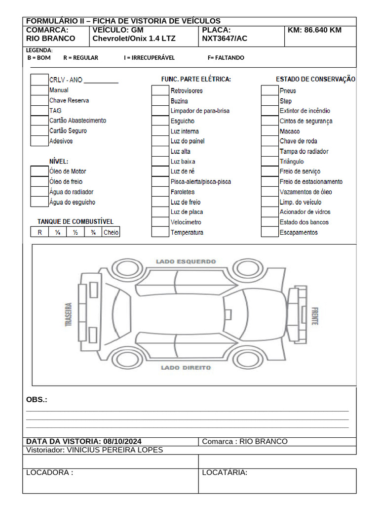 Formulário Ii - Ficha Vistoria de Veiculos - Onix Mary Anik | PDF