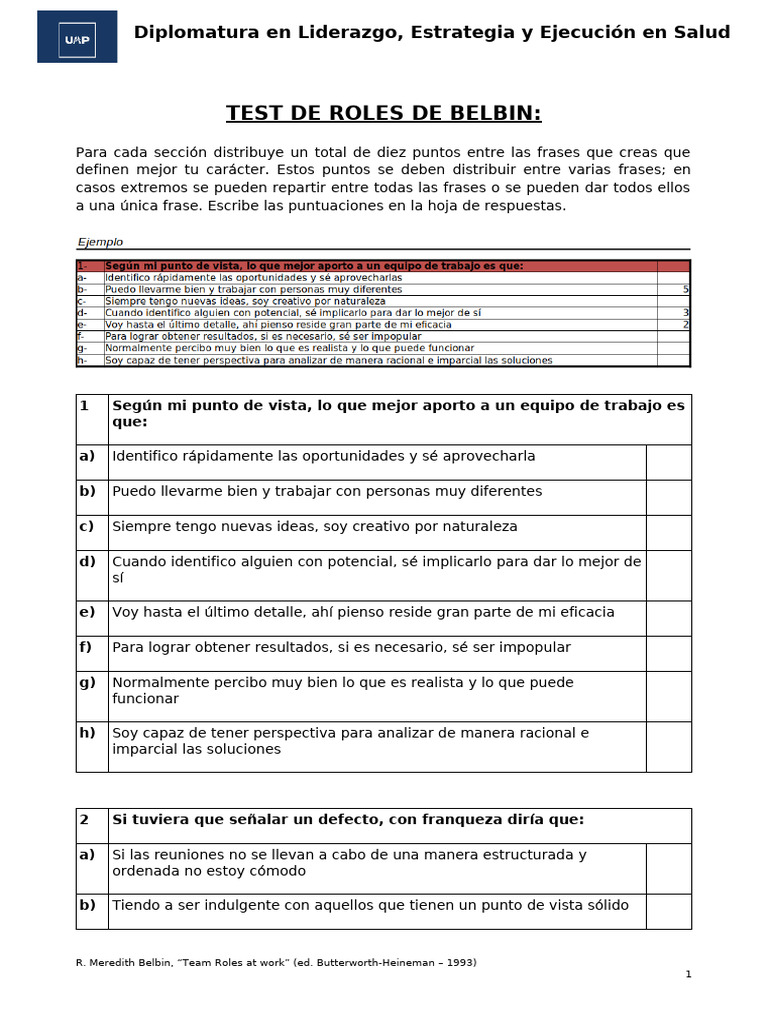 Test de Belbin | PDF | Crecimiento personal y profesional