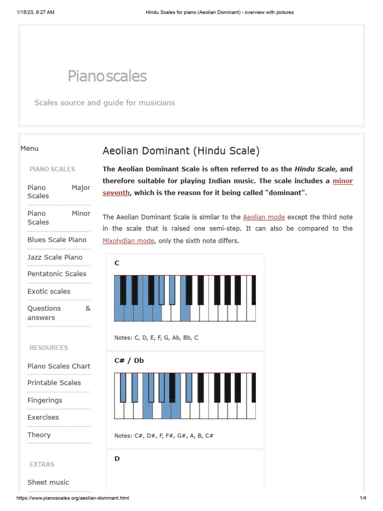 Hindu Scales for piano (Aeolian Dominant) - overview with pictures | PDF