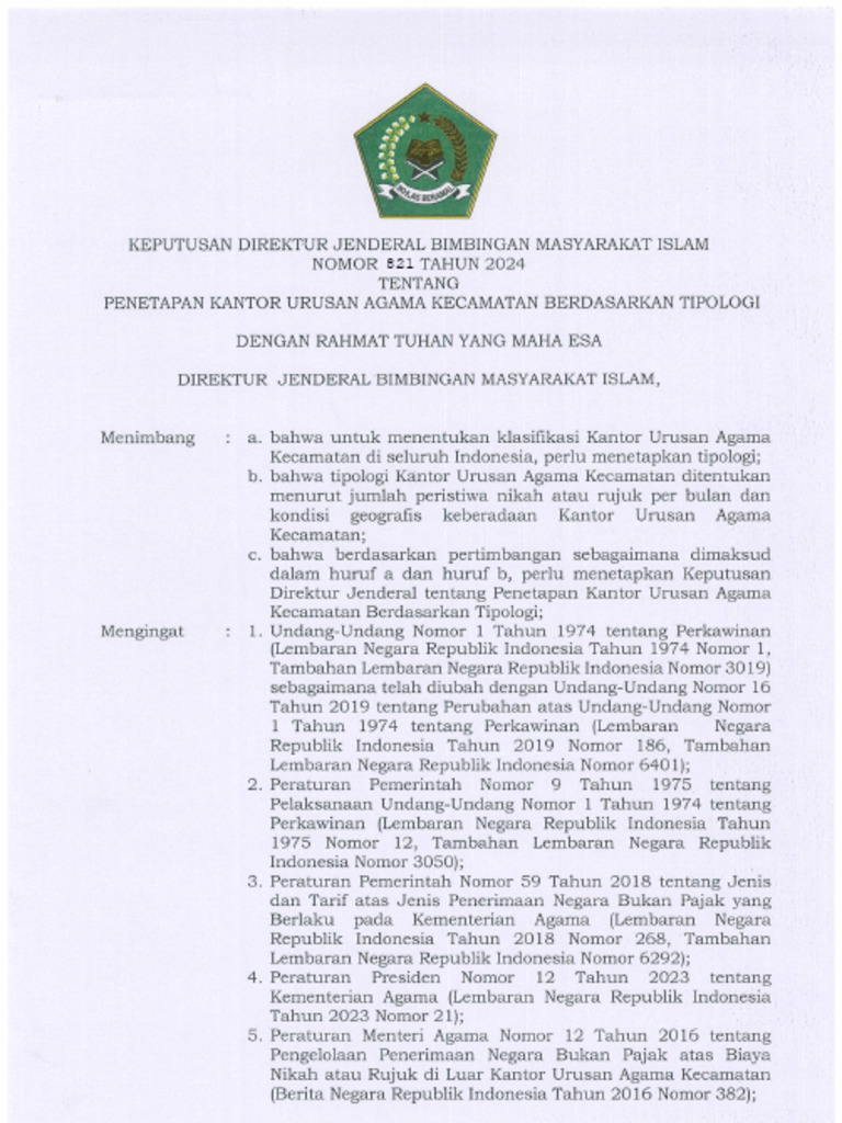Kepdirjen 821 Tahun 2024 TTG Penetapan KUA Berdasarkan Tipologi | PDF