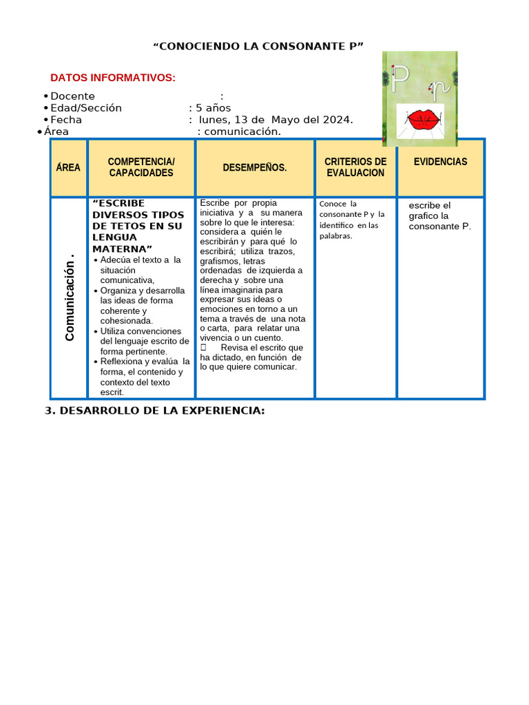 SESION DE Aprendizaje Consonante P | PDF | Evaluación | Aprendizaje
