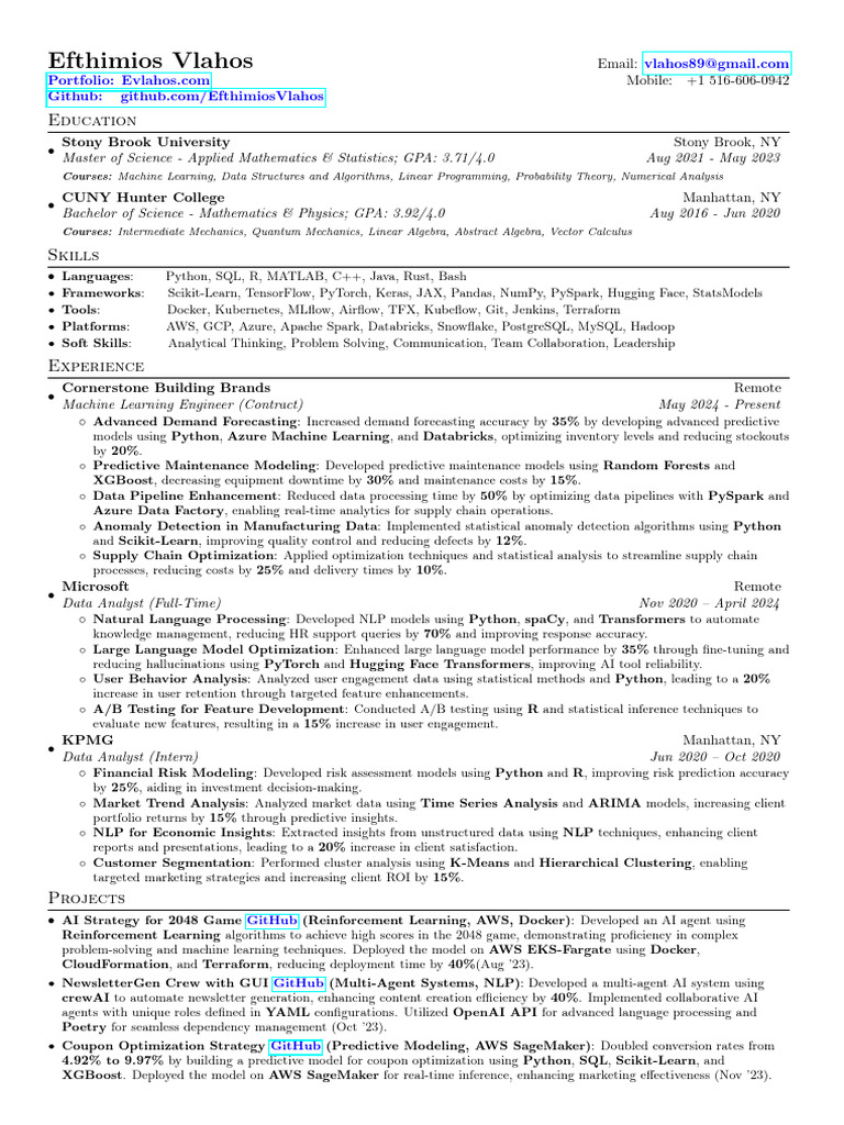 Efthimos Vlahos Resume Oct 2024 MLE V1 DS | PDF