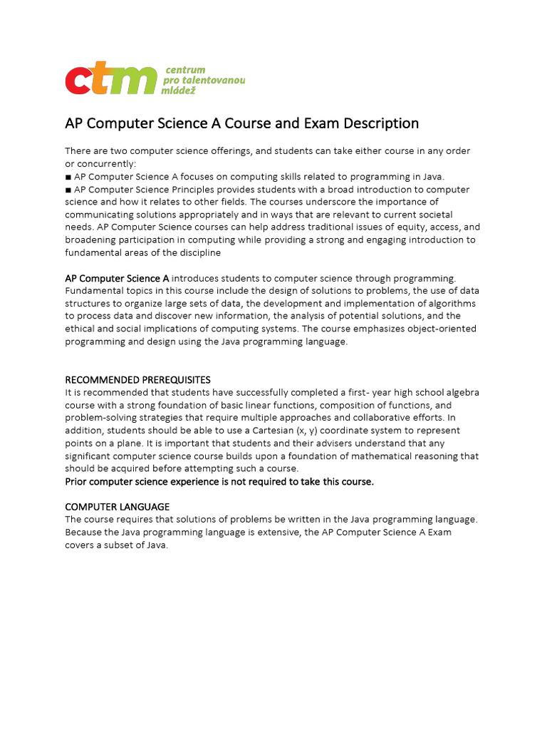 AP Computer Science A Course and Exam Description 042022 | PDF