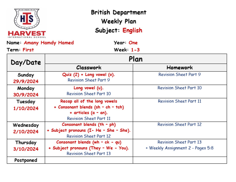 Weekly Plan - Week 1-3 | PDF