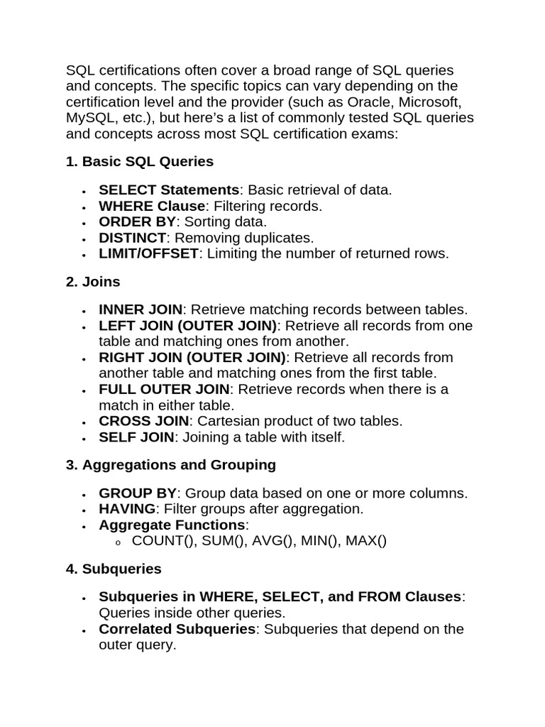 SQL Certifications Often Cover A Broad Range of SQL Queries and Concepts | PDF
