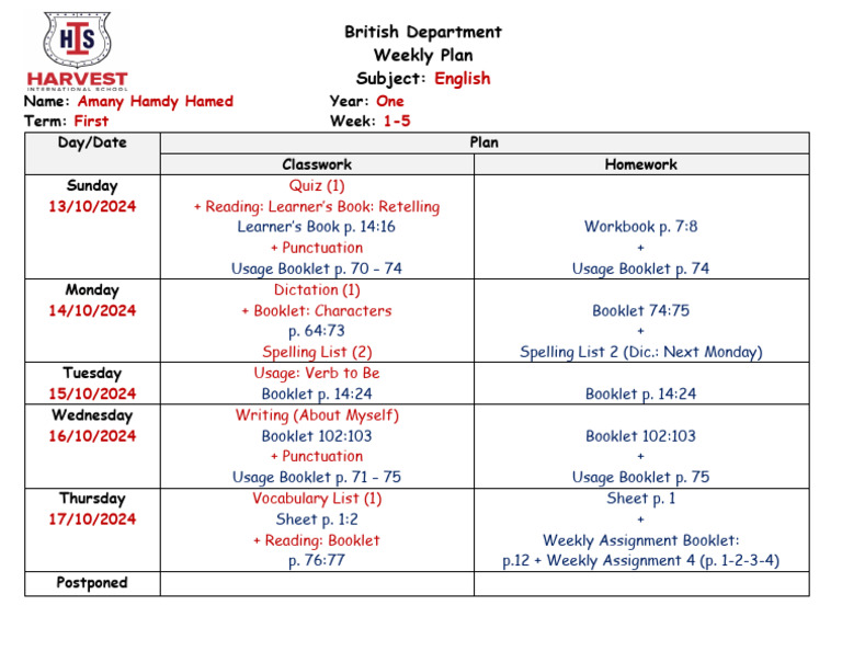 Weekly Plan - Week 1-5 | PDF