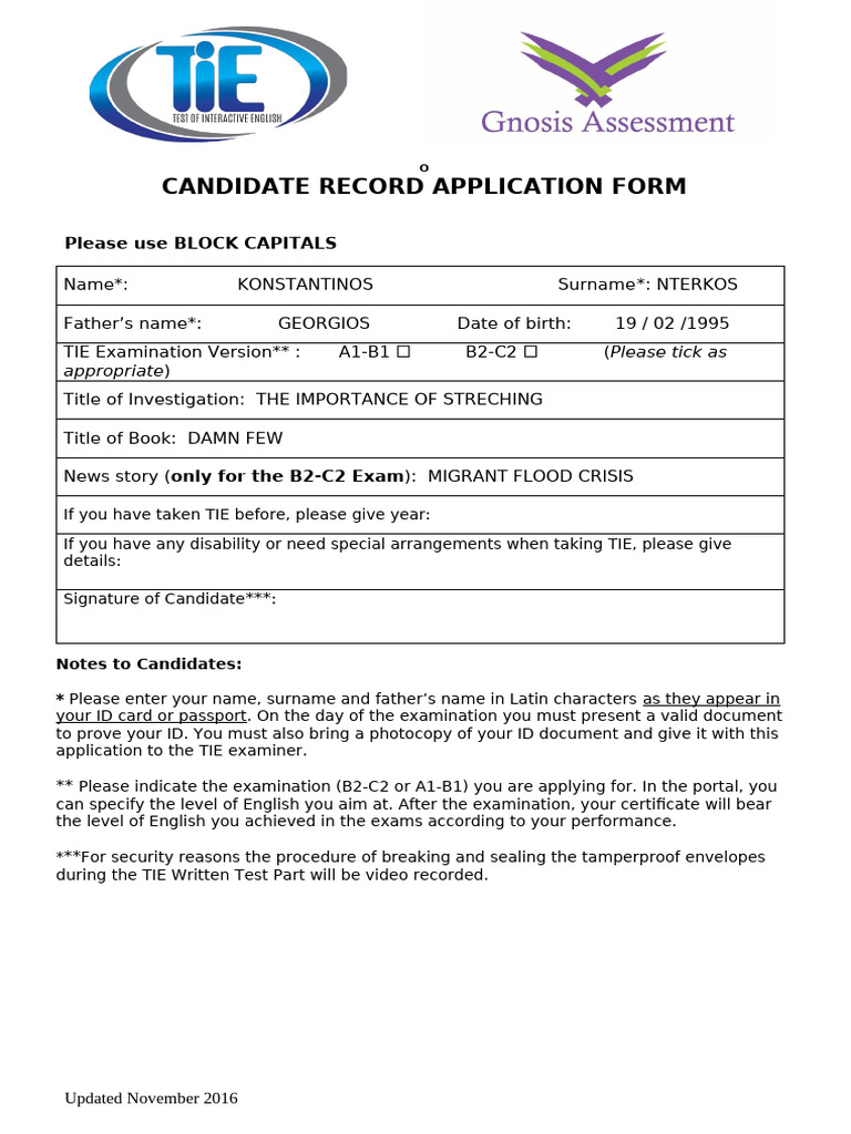 TIE Candidate Record Application Form | PDF | Sports & Recreation