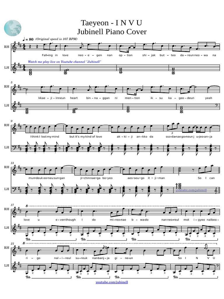 TAEYEON - INVU Piano Cover Lyrics Sheet Music Karaoke | PDF