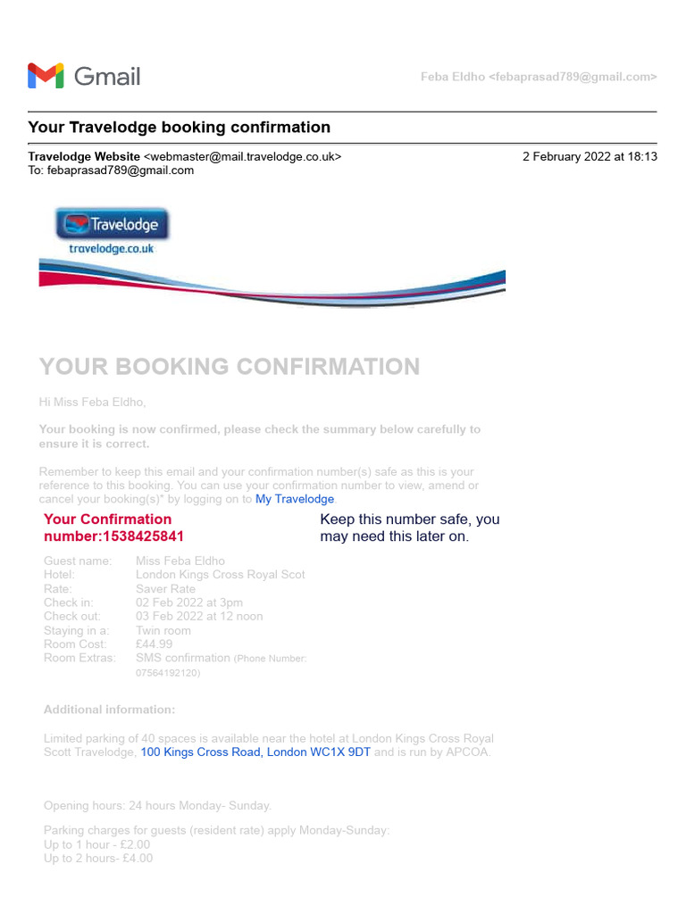 Travelodge Booking Confirmation Details | PDF