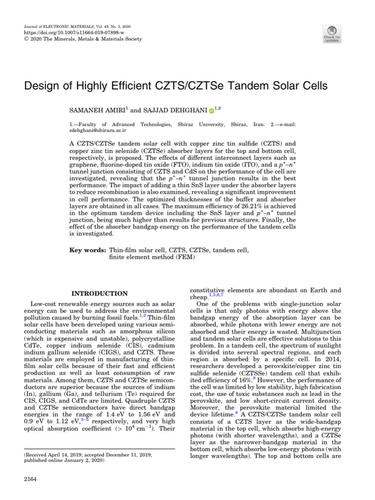 Design of Highly Efficient Czts/Cztse Tandem Solar Cells: P N P N | PDF