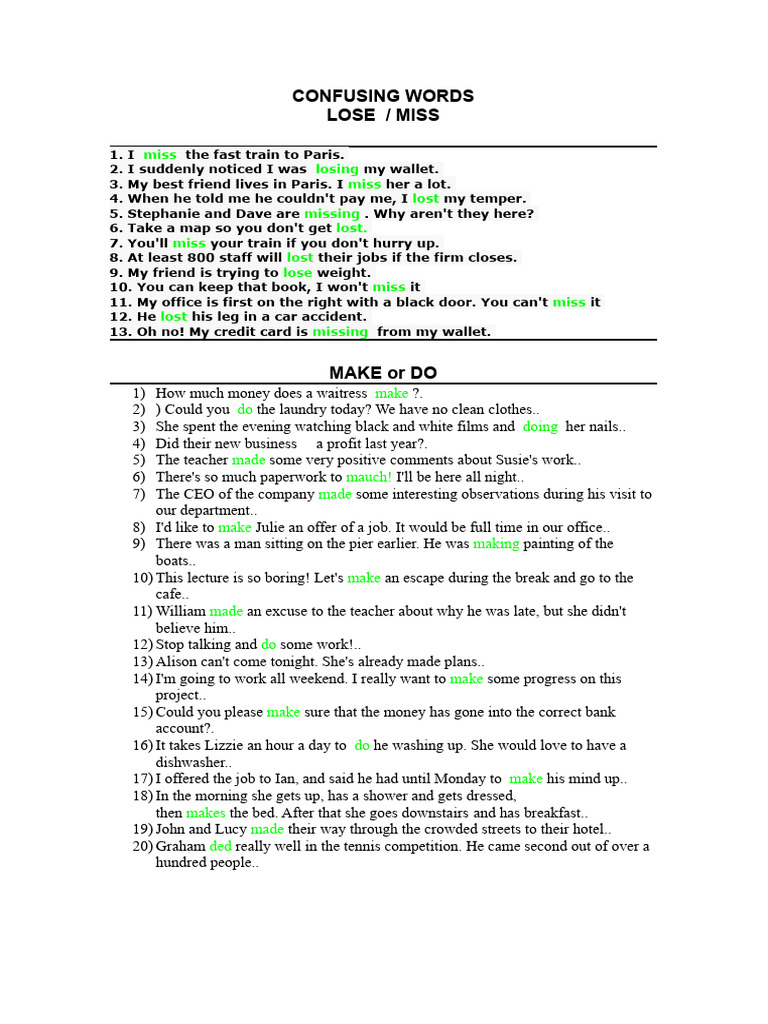 Confusing Words Lose and Miss (1) | PDF
