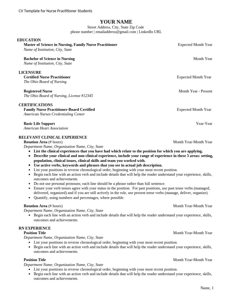 CV Template For Nurse Practitioner Students | PDF