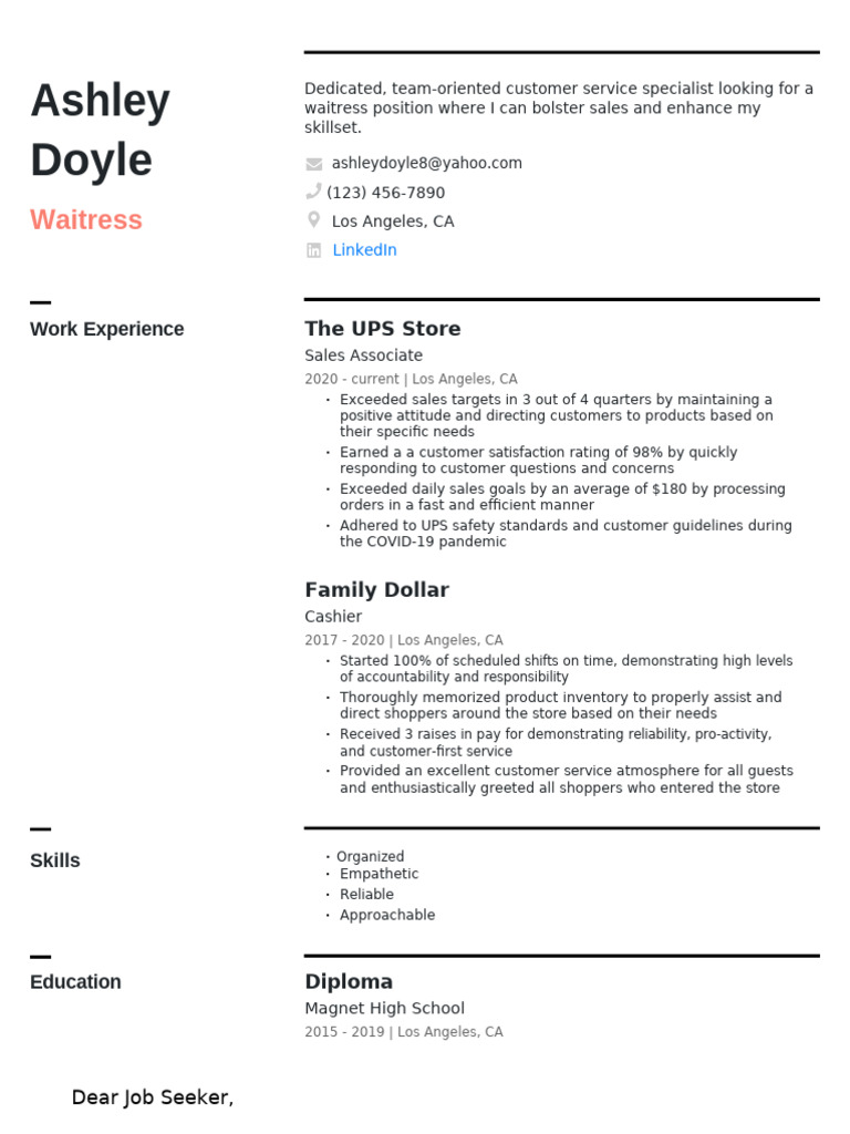 Waitress Resume Experienced Resume Example | PDF | Business